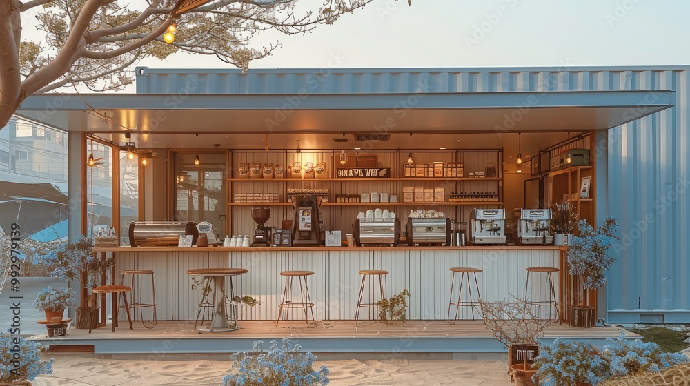 A container coffee and milk tea shop is located by the seaside, with ...