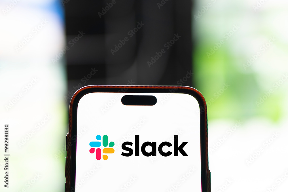 Dhaka, Bangladesh- 25 Sep 2024: Slack logo is displayed on smartphone. Slack is a cloud-based ...