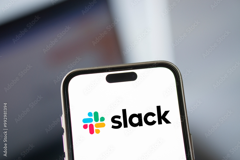 Dhaka, Bangladesh- 25 Sep 2024: Slack logo is displayed on smartphone ...