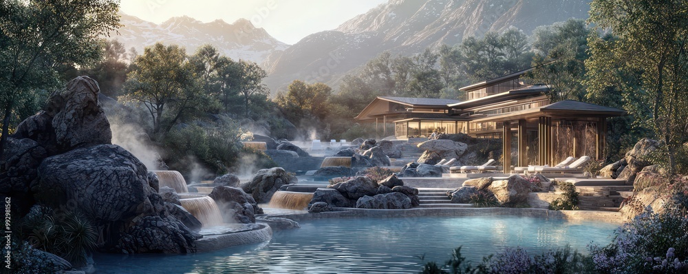 Realistic view of a new luxury spa resort being developed in a secluded ...