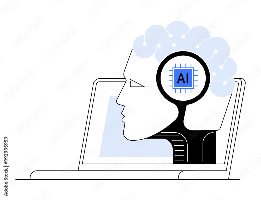 A human head with a brain symbol interlinked to a microchip labeled AI ...