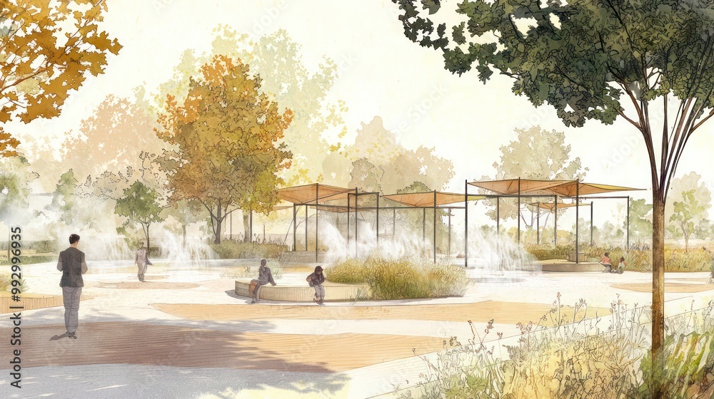 Technical drawing for an urban micro-climate park, including misting ...