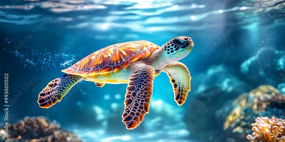 A beautiful sea turtle swims gracefully through clear blue waters. The ...