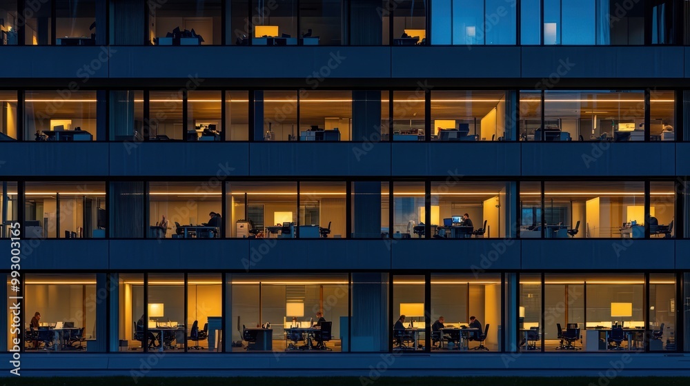 Lit office building windows glow warm against the blue evening, showing ...