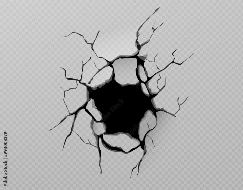 Broken concrete wall with hole, crack floor effect on transparent ...