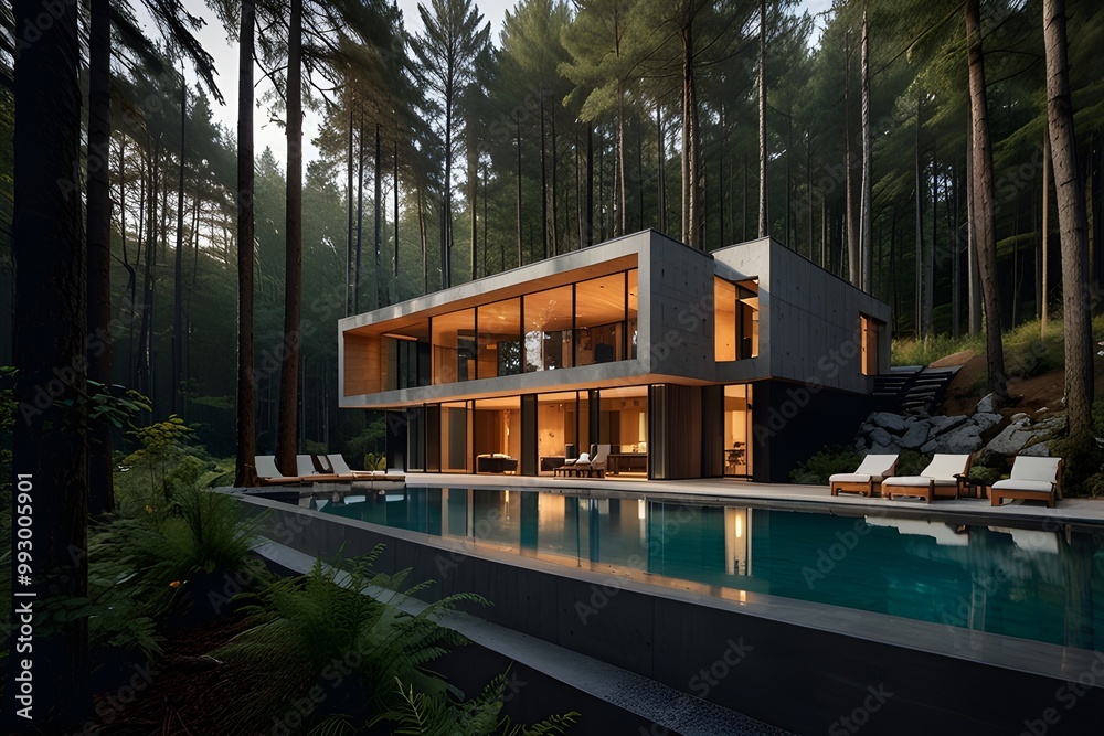 A modern home in the forest with a rooftop infinity pool, blending ...