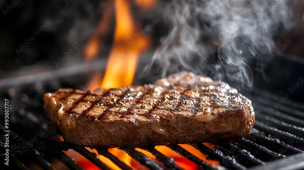 Juicy beef steak with perfect grill marks sizzling on a hot grill ...