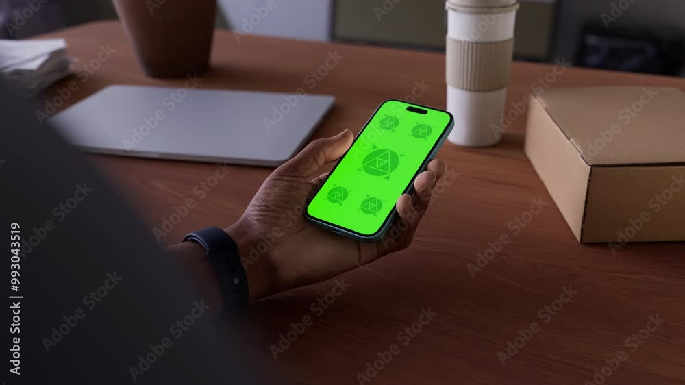 Black African-American person using a smartphone with a green screen ...