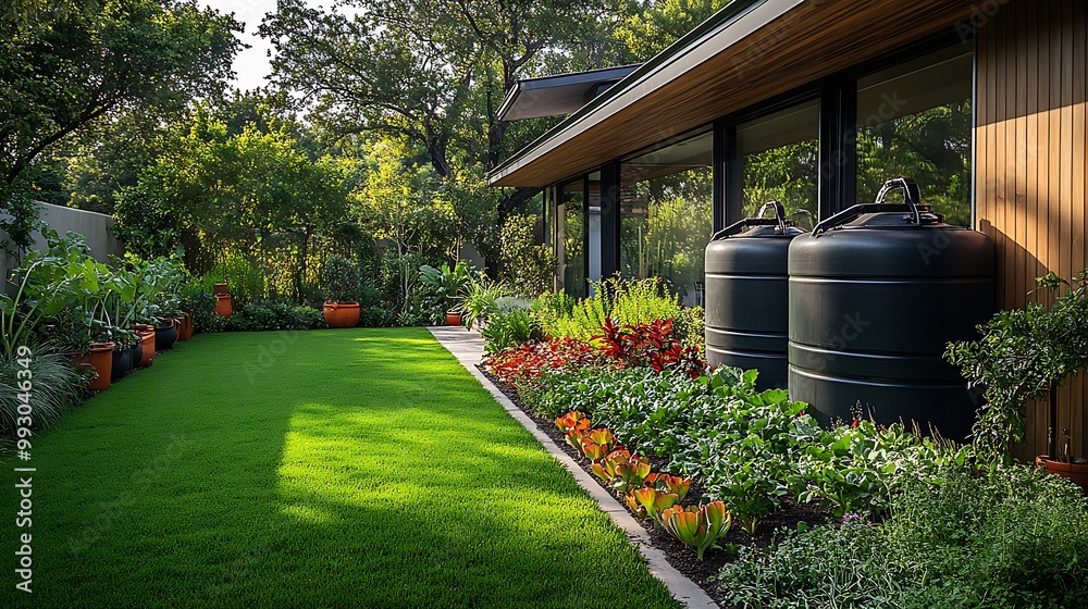 A rainwater harvesting system collecting water from a sloped roof into ...
