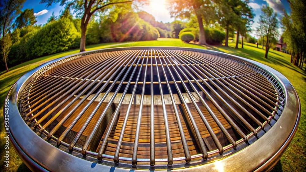 fisheye,barbecue, grill, grate, empty, A close up photo of a clean ...