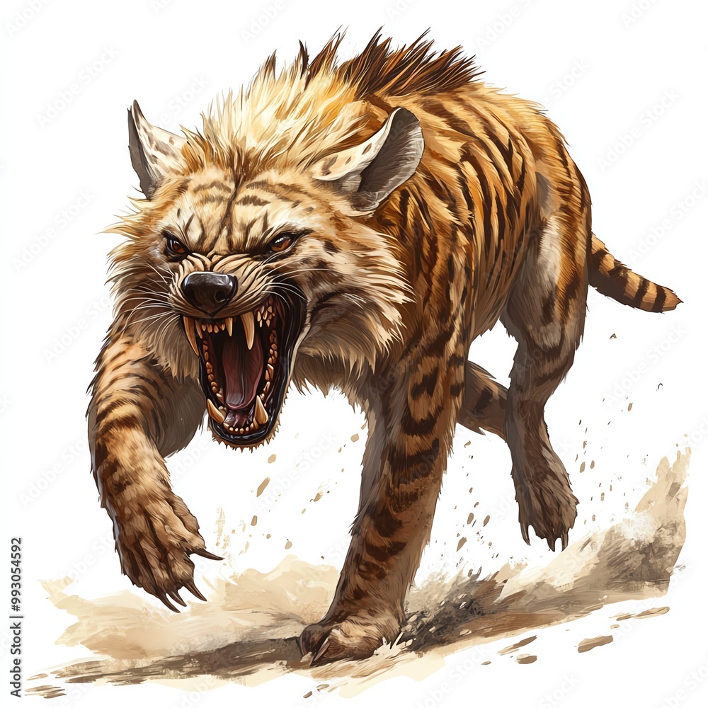 ภาพประกอบสต็อก Aggressive Hyena Running Tasmanian Tiger Thylacine ...