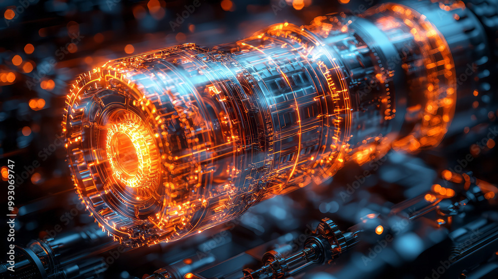 A glowing 3D model of an engine in motion, showing the inner workings ...