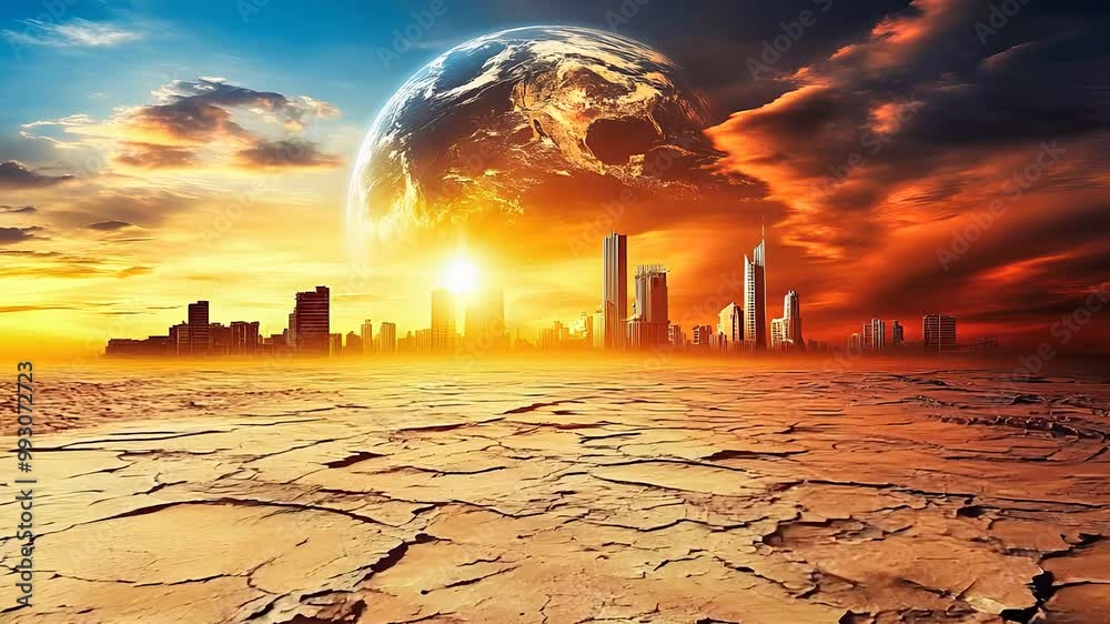 Post-apocalyptic cityscape with arid cracked land, futuristic skyline ...