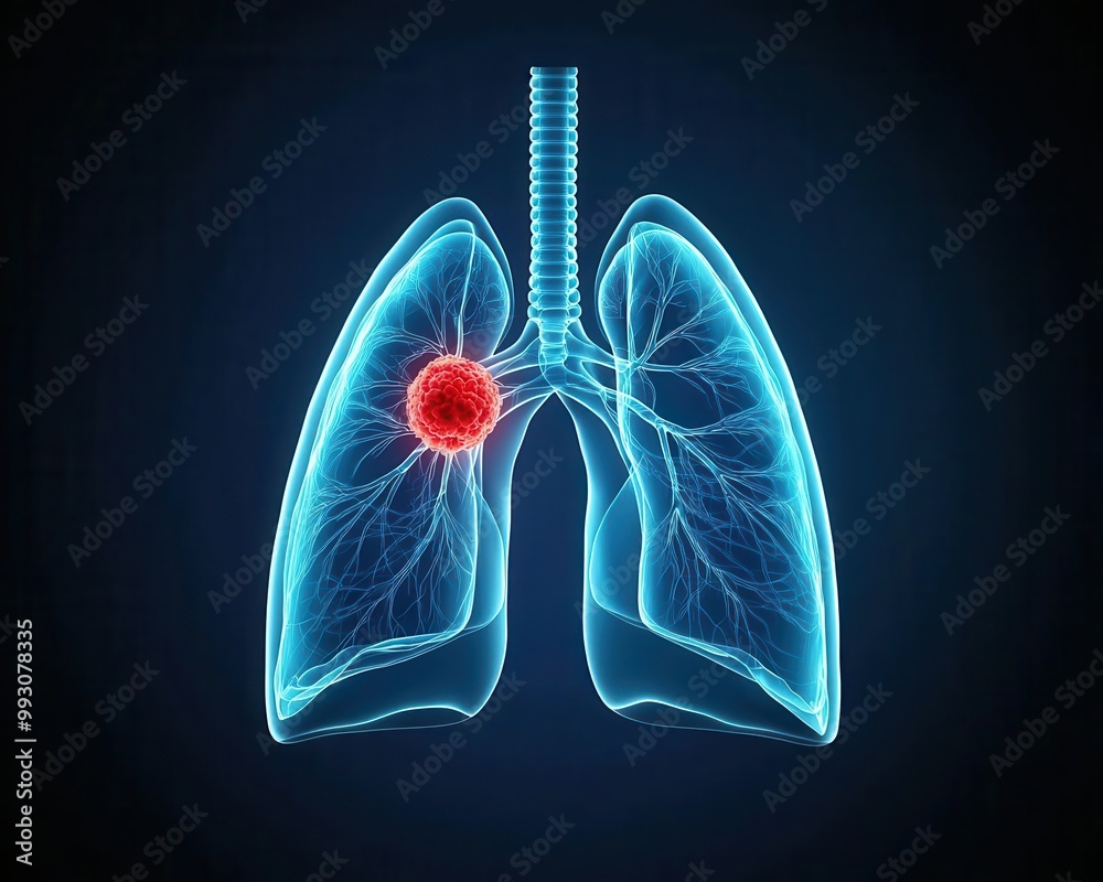 X-ray style image of lungs with a single red tumor spot, lung cancer ...