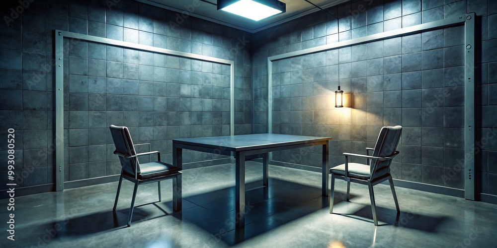 Darkened interrogation space with table, chairs, and a two-way mirror ...