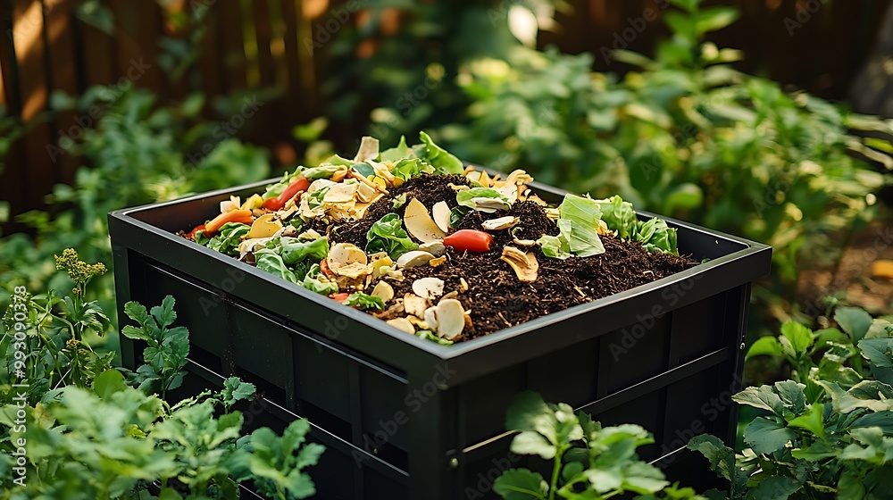A backyard compost bin overflowing with organic waste, like vegetable ...