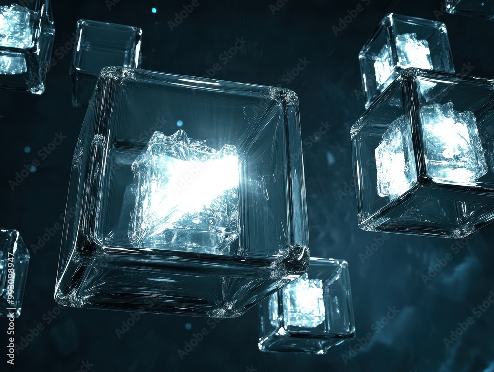 Transparent glass cubes float in a dark, shimmering environment ...