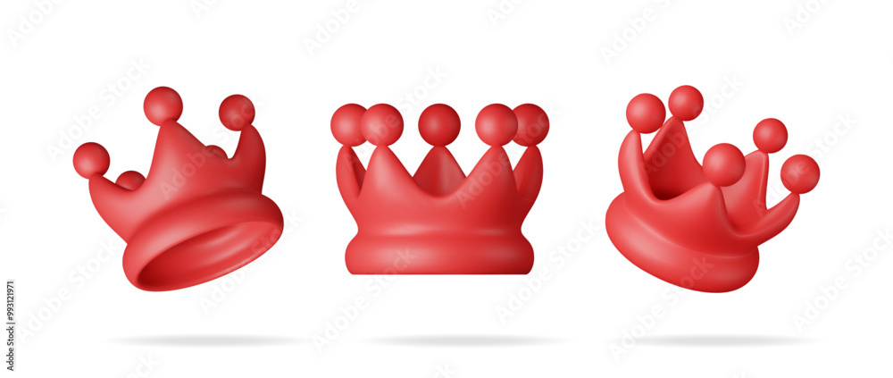 3D set of red crown icon isolated. Render plastic crown emoji symbol ...
