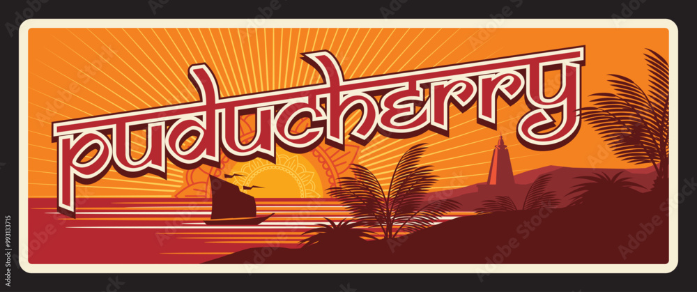 Puducherry Indian state sign retro travel plate, vintage plaque Vector ...