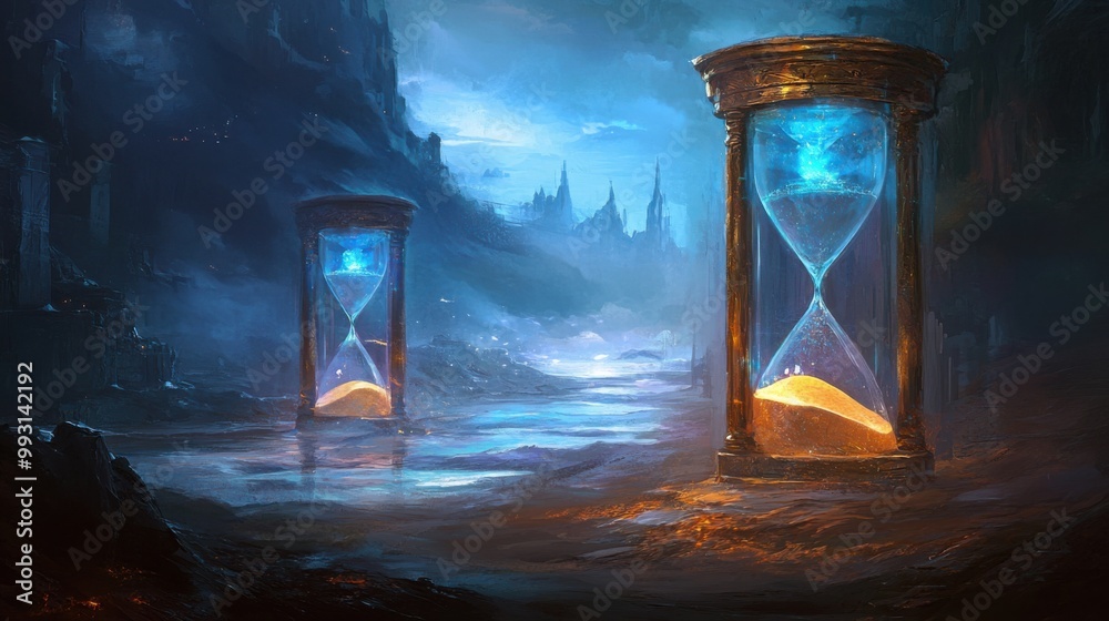 Ancient hourglass with floating sands that defy gravity, the sand ...
