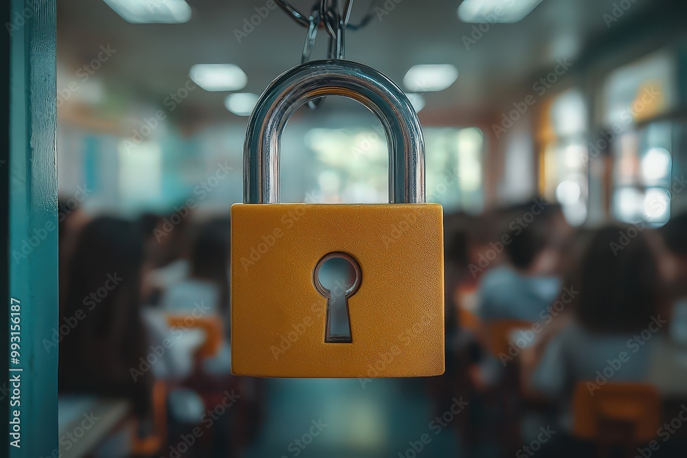 Bright yellow padlock hanging in front of blurred classroom ...