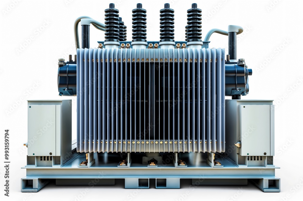 Large, modern, high voltage transformer is standing on a white ...