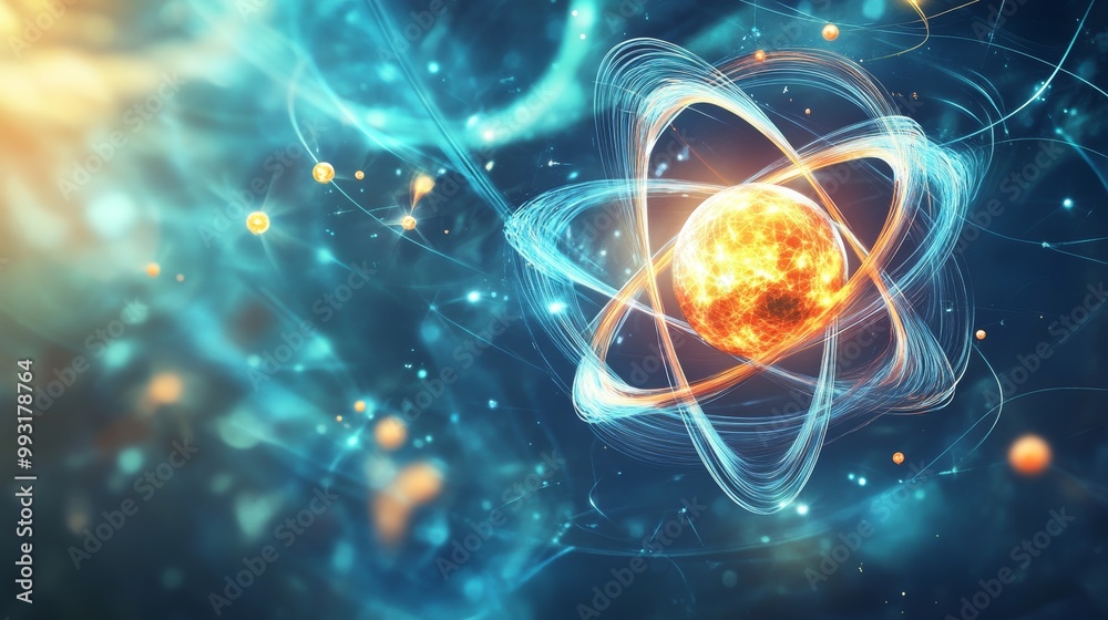 Dynamic science and technology background featuring an atom model with ...