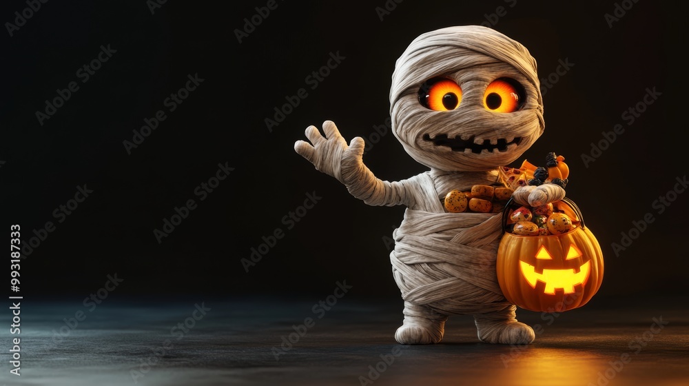 A cute mummy holding out its hand and waving, wearing white bandages ...