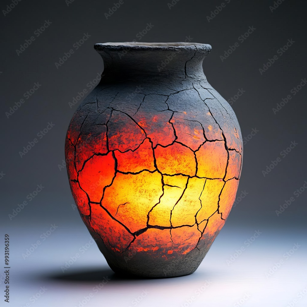 An ancient pottery jar with rough, cracked surfaces, glowing faintly ...