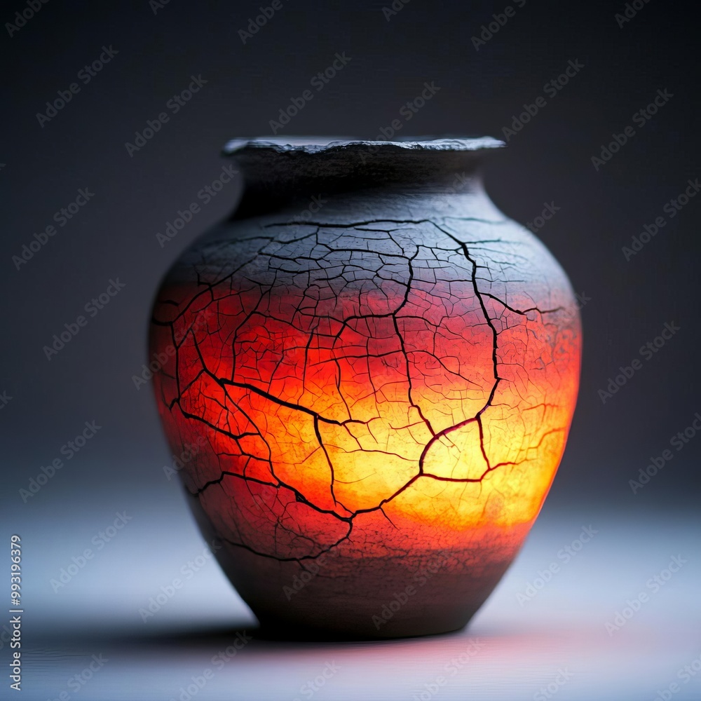 An ancient pottery jar with rough, cracked surfaces, glowing faintly ...
