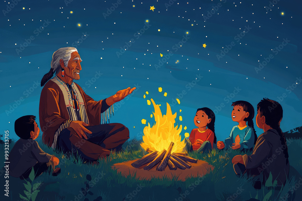 elderly Native American man telling story to children around campfire ...