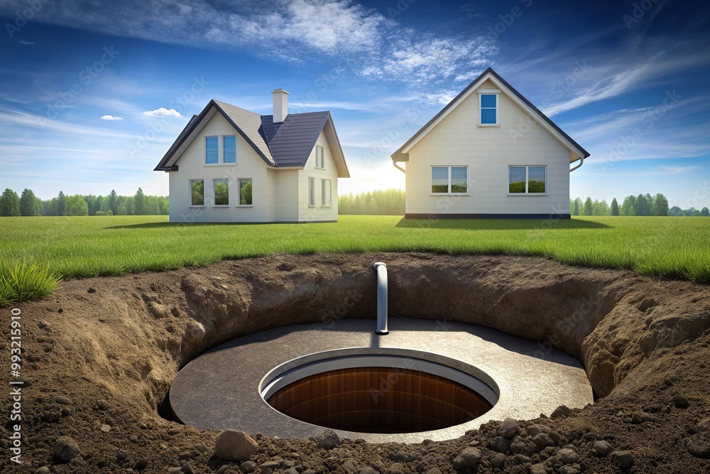 Underground septic tank and house with clipping of ground Silhouette ...