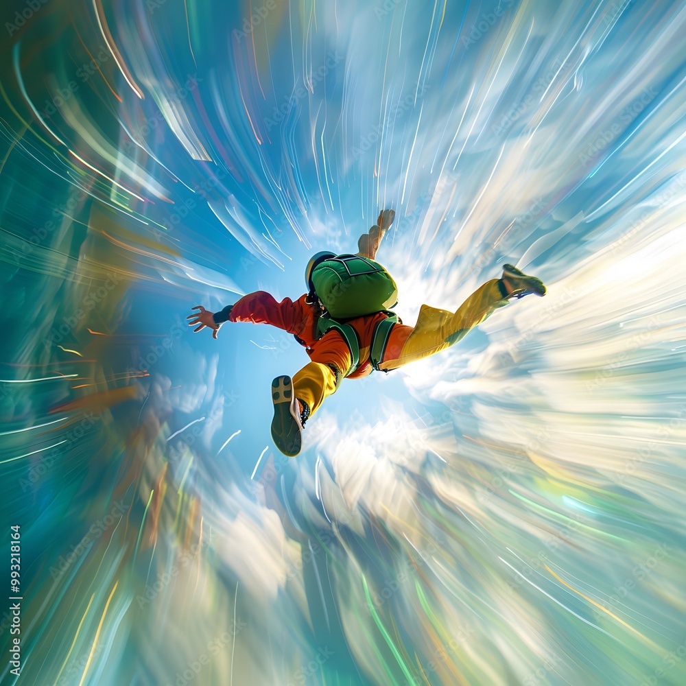 Jumping person on the sky background. Skydiver in jump. Slow motion ...