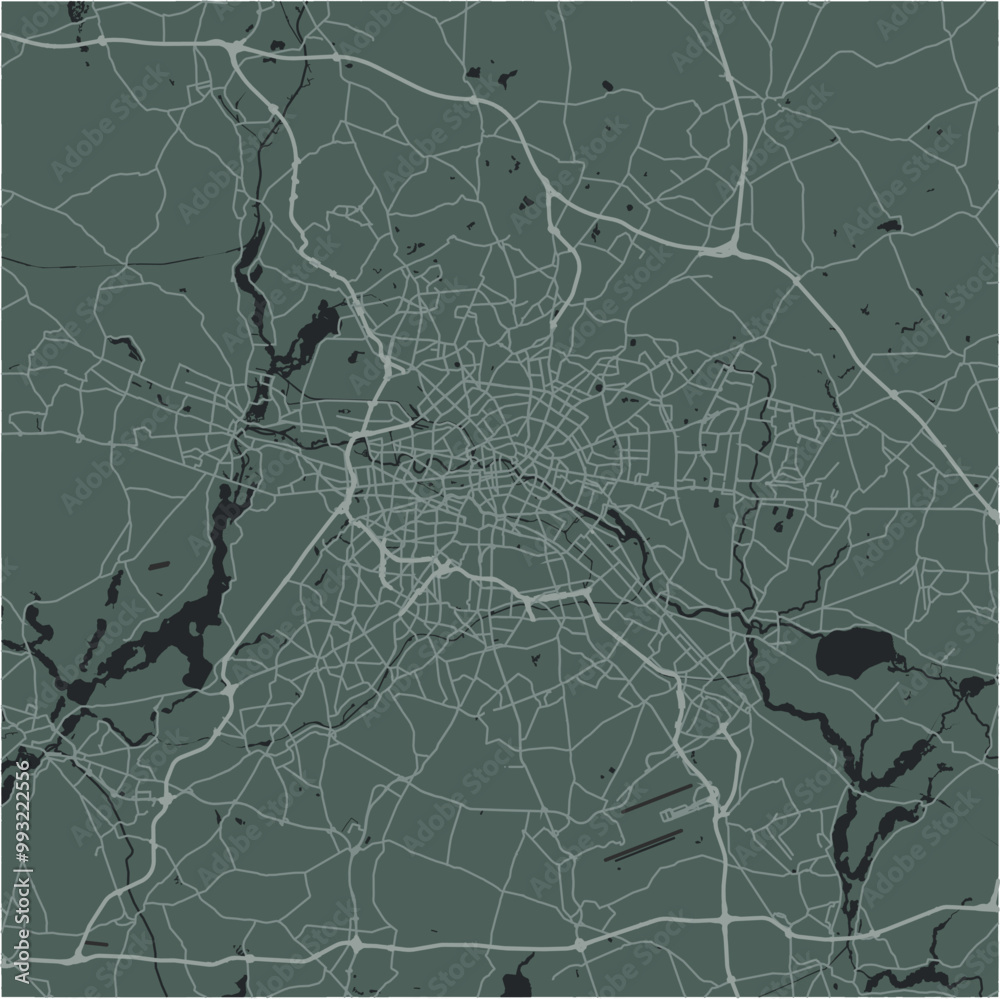 Map of Berlin in Germany in a smooth dark style. Contains layered vector with roads water, parks ...