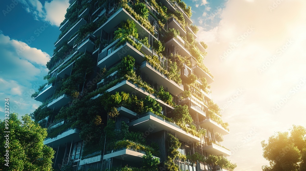 Modern sustainable building covered in greenery at sunset showcasing ...