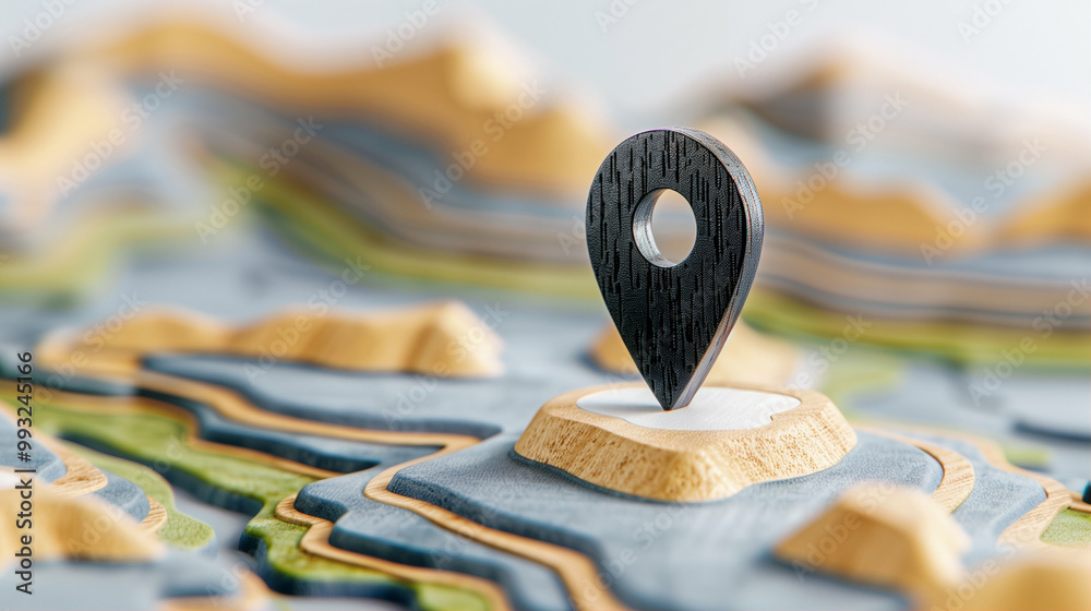 Map marker on detailed terrain map for location identification and ...