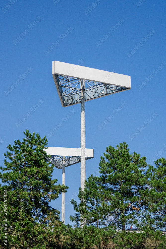 Two Triangle advertising banners, triangle billboard mock up near ...