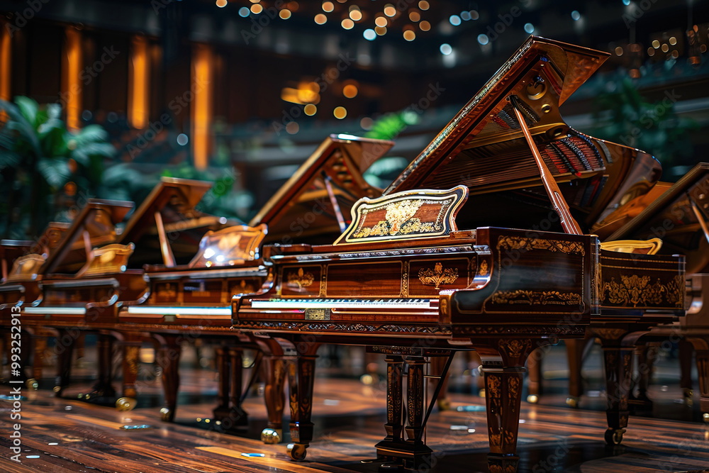 Group of musical instruments classical grand pianos stand in a row on ...