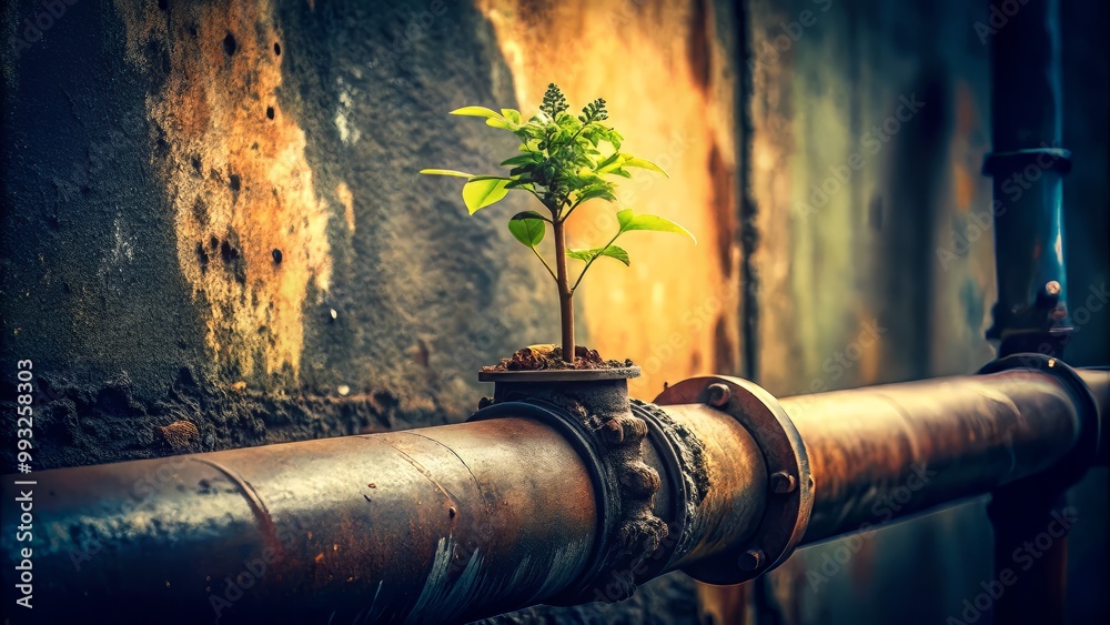 A tiny tree sprouts from a crack in a weathered industrial pipe, its ...