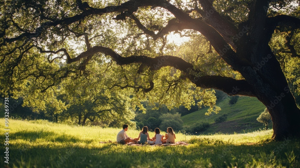 A family having a picnic under the shade of a large oak tree ...