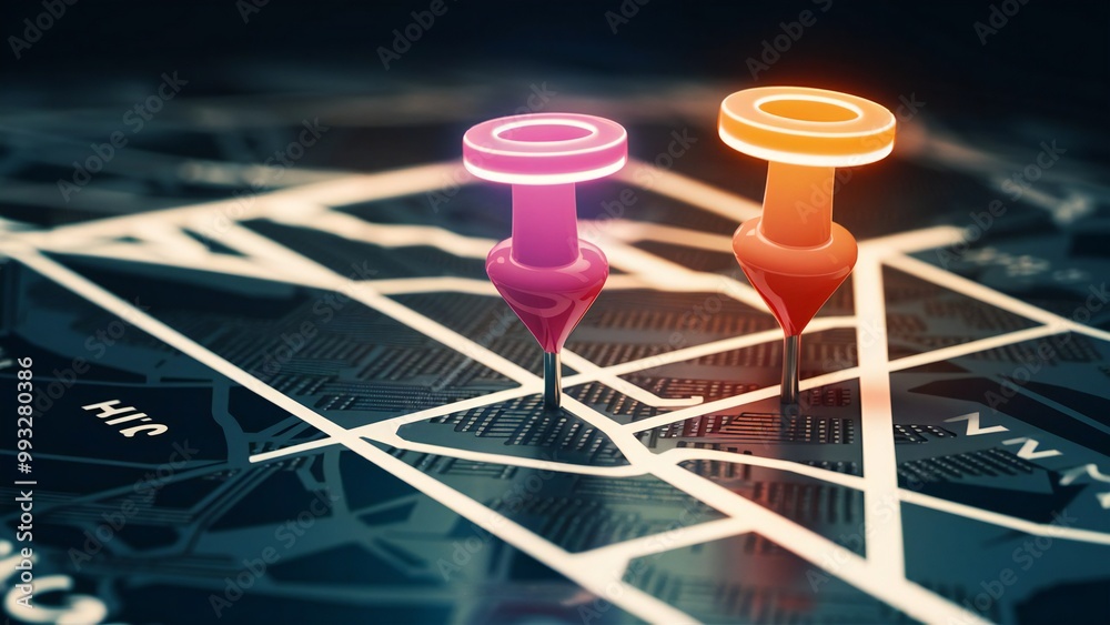 A detailed map featuring a specific location marked with two bright ...