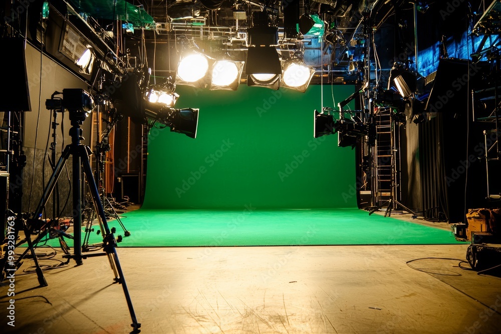 Green screen set with video camera, monitor, and many types of lighting ...