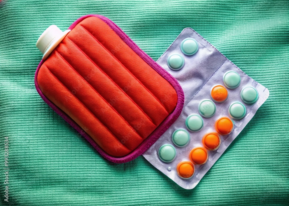 Gas Pain Relief Concept with Heating Pad and Medication on a Soft ...