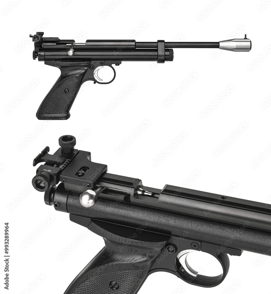 Modern sport air pistol with mechanical sight isolate on white back ...