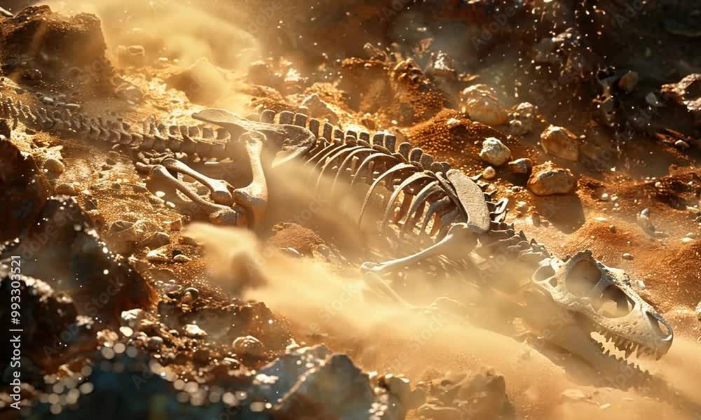 Dinosaur Skeleton in Sandy Desert with Rocks and Dust Particles Stock ...