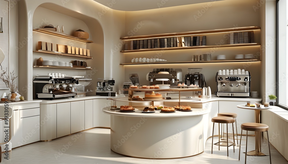 Modern Korean café design featuring a glossy ivory corner counter ...