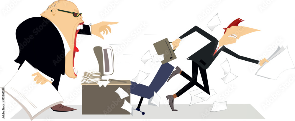 Angry boss and employee man. Angry chief scolds his employee. Employee ...