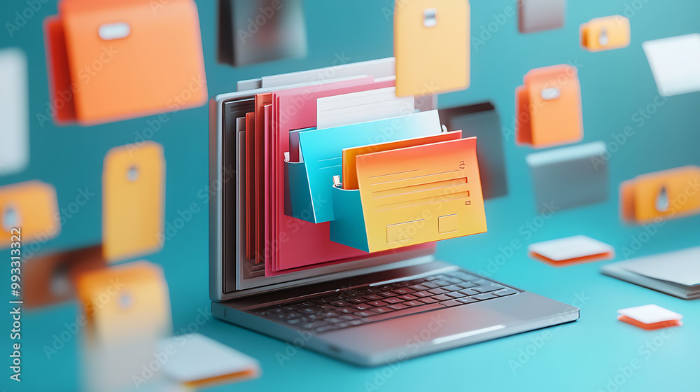 Colorful folders and files emerging from a laptop screen, representing ...