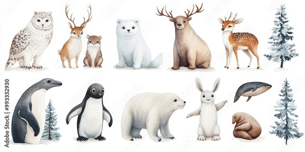 polar arctic animals watercolor collection. snowy owl. reindeer and ...