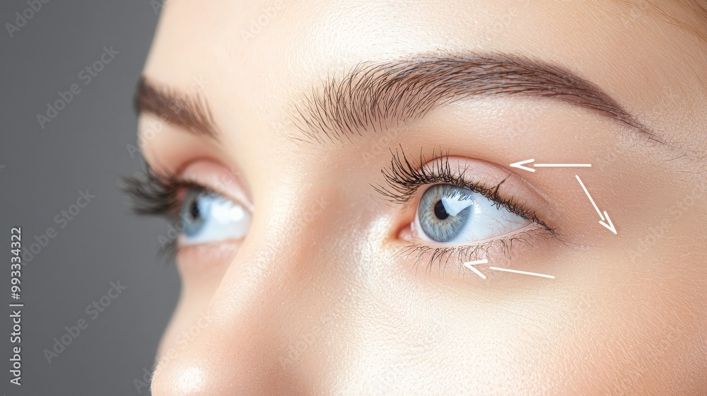Blepharoplasty concept. Closeup view of lady eye with arrows point in ...